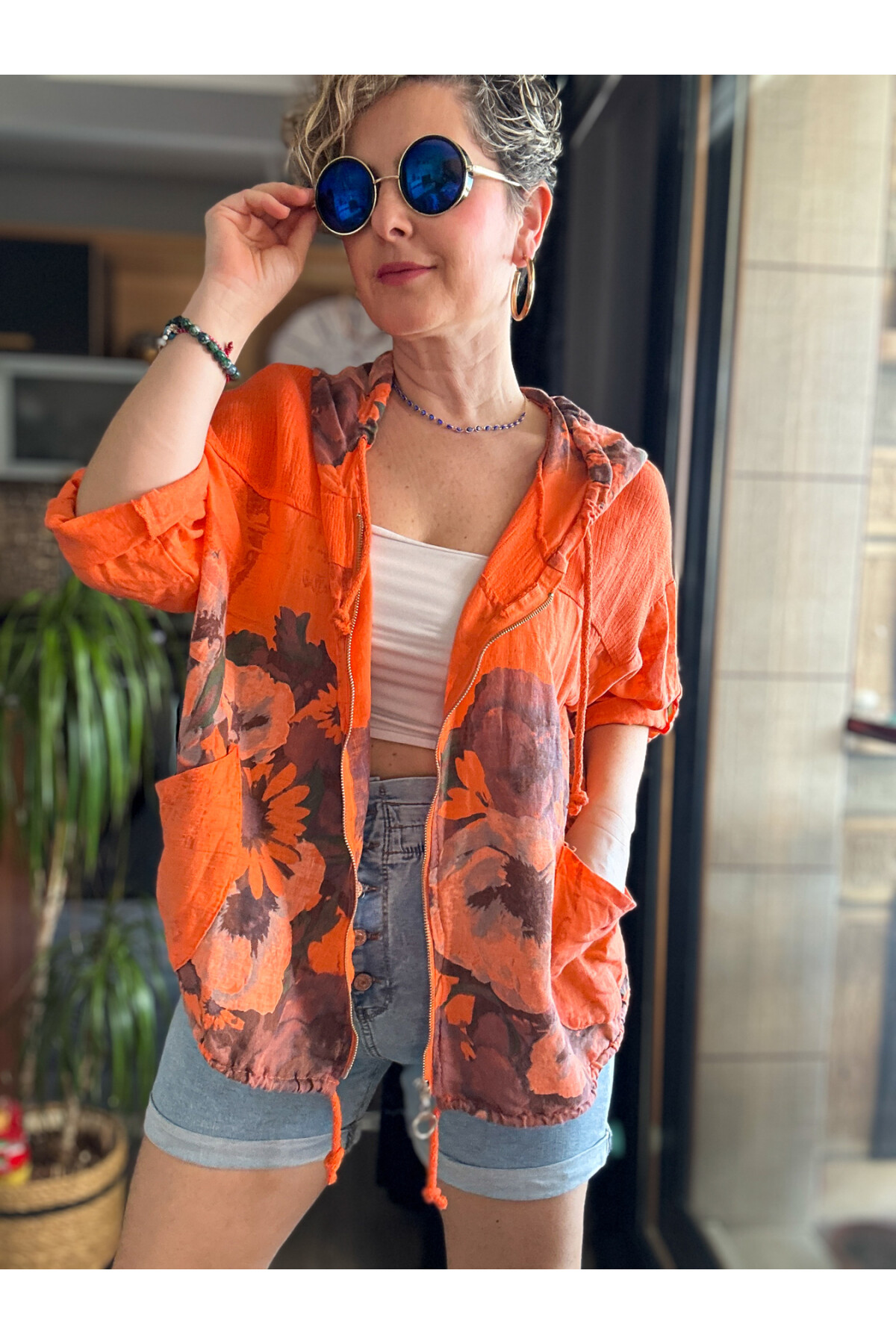 Satti İtalyan Tasarım Çiçek Desen Kapşon Ceket Orange-Fifty Butik