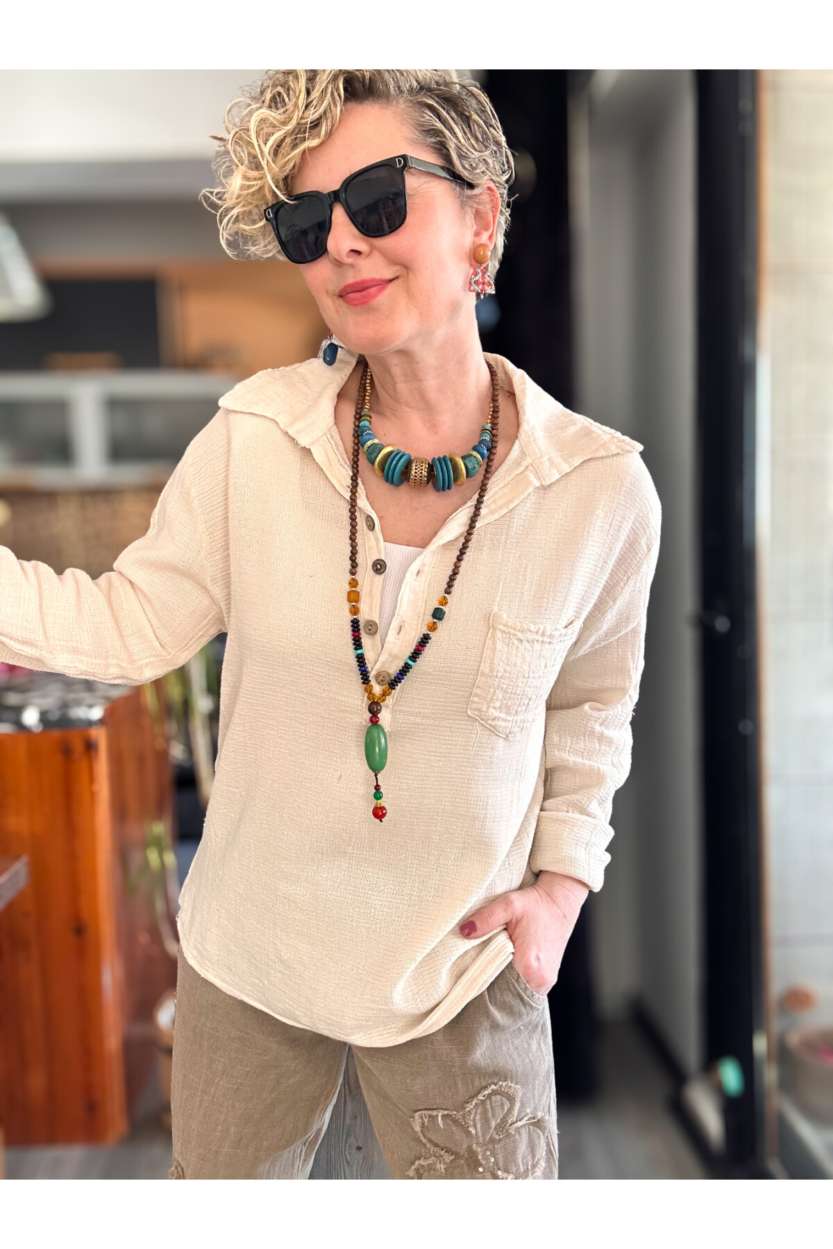 Pelas Tasarım Petek Doku Yakalı Gömlek Bej-Fifty Butik